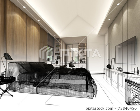 sketch design of interior living room,3d rendering - Stock Illustration ...