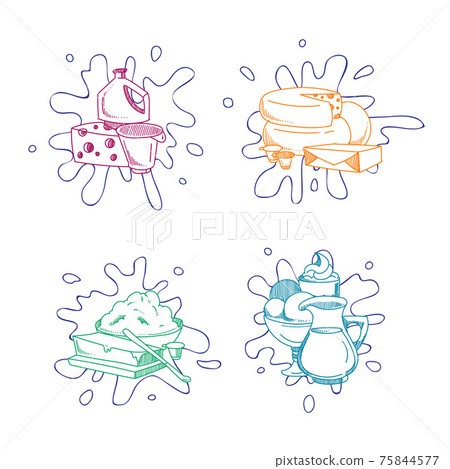 piles of milk products set with milk splashes - Stock Illustration ...