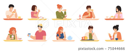 Eating characters. Men and women eating... - Stock Illustration ...