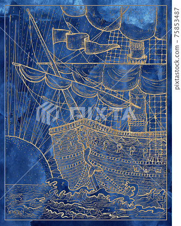 Blue marine illustration with old sailing ship... - Stock Illustration ...