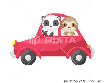 Cute little sloth and panda driving red car.... - Stock Illustration ...