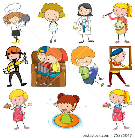 Set of different doodle kids cartoon character - Stock Illustration ...