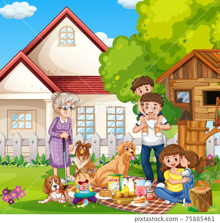 Happy Family With House Cartoon