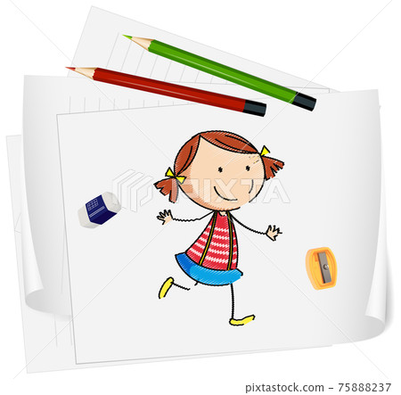 Sketch little kids cartoon character on paper... - Stock Illustration ...