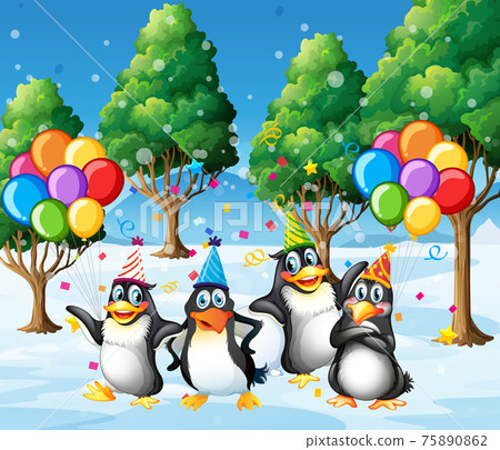 Penguins group in party theme cartoon character... - Stock Illustration ...