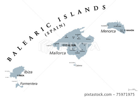 Balearic Islands, gray political map, with the... - Stock Illustration ...