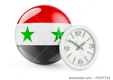 Syrian flag with clock. Time in Syria, 3D... - Stock Illustration ...