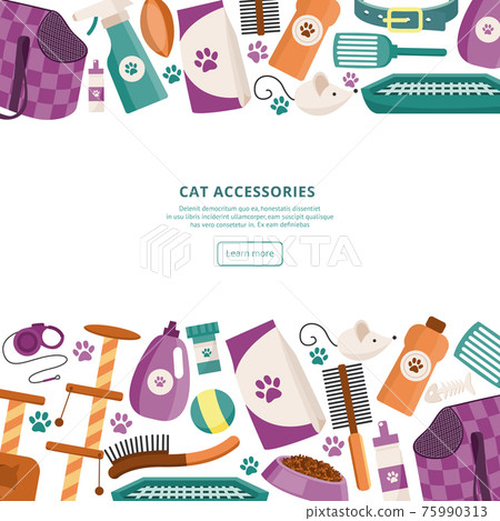 Cat care accessories shop banner design, flat... - Stock Illustration ...