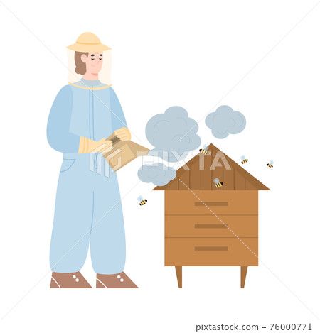 Beekeeper at apiary with smoker pollinates bees... - Stock Illustration ...