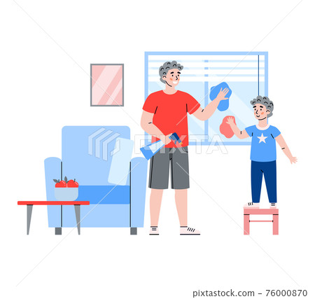 Cute boy helping his father clean house,... - Stock Illustration ...