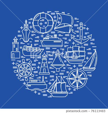Marine round concept with ship icons in line style - Stock Illustration ...