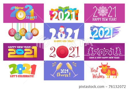 New Year's attributes, bright banners set... - Stock Illustration ...