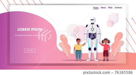 modern robot nanny walking with children... - Stock Illustration ...