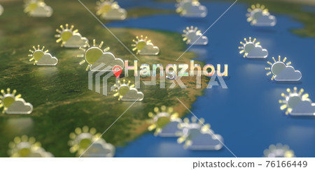 Hangzhou city and partly cloudy weather icon on... - Stock Illustration ...