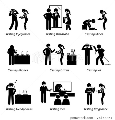 Man testing products at shop. Stick figure... - Stock Illustration ...