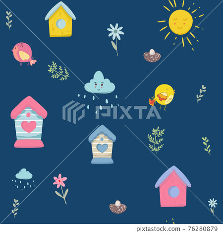 Cute seamless pattern with birds,flowers... - Stock Illustration ...