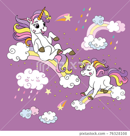 Two unicorns on the rainbow vector illustration - Stock Illustration ...