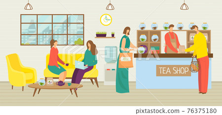 Tea shop, vector illustration. Man woman people... - Stock Illustration ...