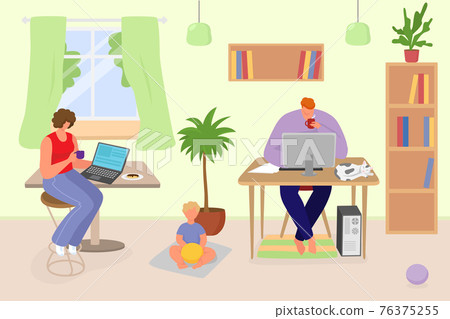 Freelancer family work at home, vector... - Stock Illustration ...