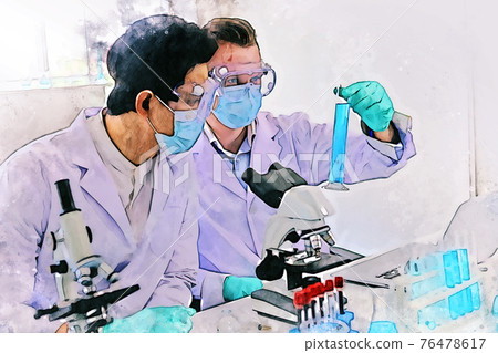 Young men scientist testing and checking in lab... - Stock Illustration ...