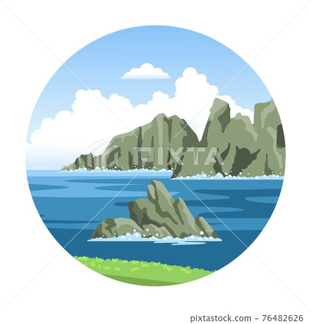 Round seascape with rocky cliffs. Simple... - Stock Illustration ...