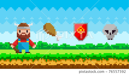 Pixel art game background with viking warrior... - Stock Illustration ...