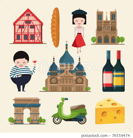 French landmarks. illustrations in cartoon style-插圖素材 [76559474] - PIXTA圖庫
