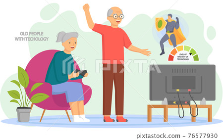 Old people play video game. Senior people with... - Stock Illustration ...