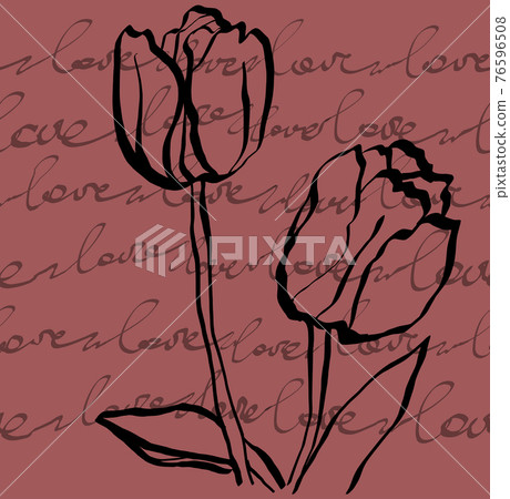 Linear drawn tulips with lettering on burgundy... - Stock Illustration ...