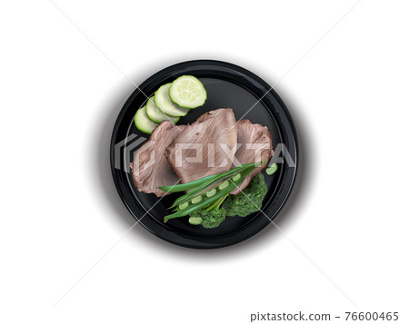 Boiled turkey meat with broccoli on a black plate. - Stock Illustration ...