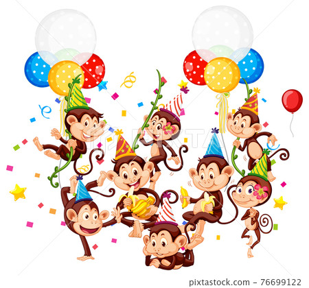 Monkey group in party theme cartoon character... - Stock Illustration ...