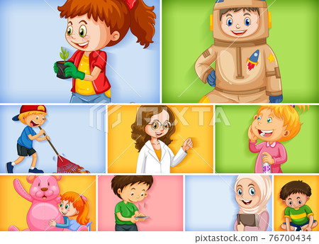 Set of different kid characters on different... - Stock Illustration ...