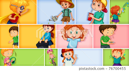Set of different kid characters on different... - Stock Illustration ...