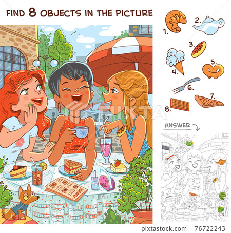 Find 8 objects in the picture. Cute girlfriends... - Stock Illustration ...