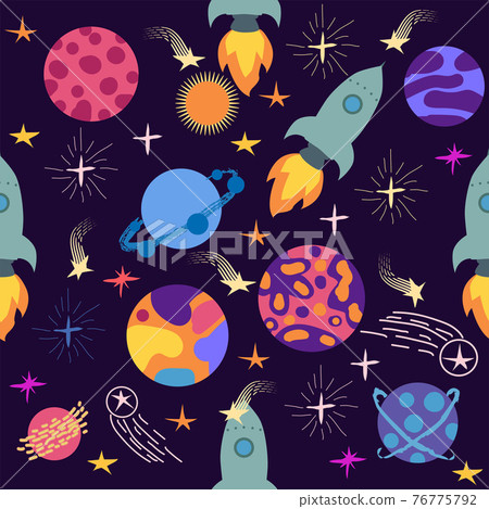 Seamless space pattern. Planets, rockets and... - Stock Illustration ...