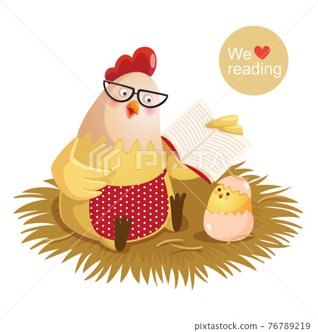 Cartoon hen and chick reading a book - Stock Illustration [76789219 ...