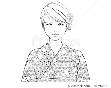 Line drawing of a woman in a yukata (upper... - Stock Illustration ...