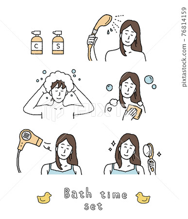 Illustration set of a woman wearing shampoo and... - Stock Illustration ...