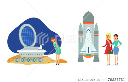 People Visiting Exhibition in Space Museum Set,... - Stock Illustration ...