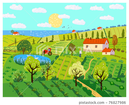 Spring rural landscape farm house, green... - Stock Illustration ...