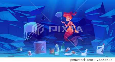 Cute mermaid on polluted ocean bottom with trash - Stock Illustration ...