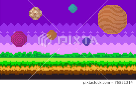 artoon fantastic pixel planets in purple sky... - Stock Illustration ...