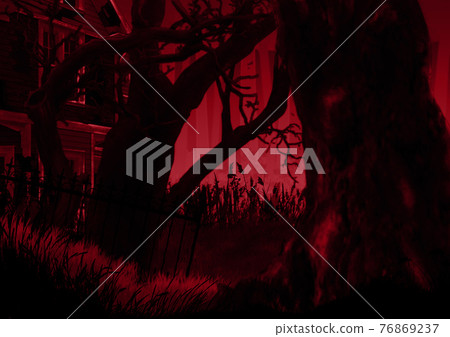 Red illustration of a house in the dark night... - Stock Illustration ...
