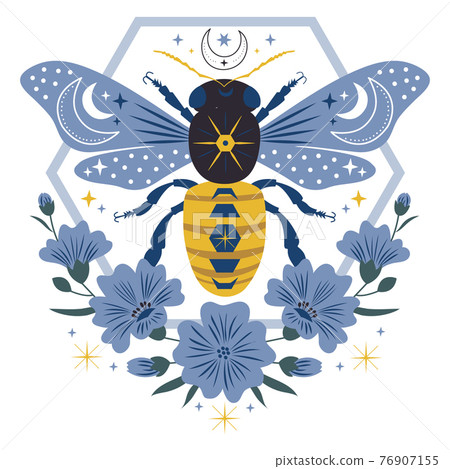 Cosmic bee with celestial ornament in floral frame - Stock Illustration ...
