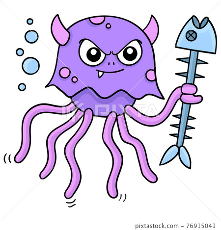 An angry evil faced jellyfish is holding a... - Stock Illustration ...