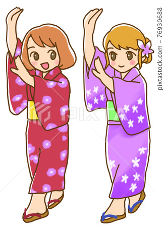 Two young women doing Bon festival dance - Stock Illustration [76930688 ...