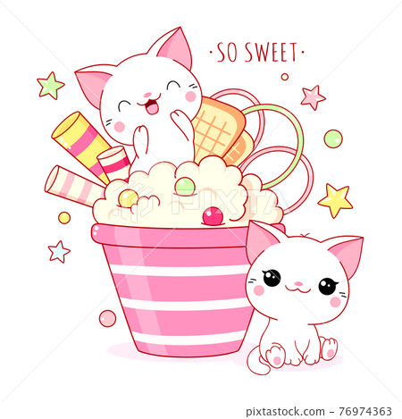 Cute yummy card in kawaii style. Two lovely... - Stock Illustration ...