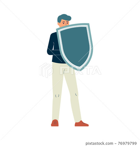 Man standing full length and holding shield,... - Stock Illustration ...