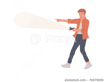 Man with a flashlight pointing the way, flat... - Stock Illustration ...
