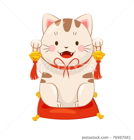 White Maneki-neko Cat Ringing Bell as Ceramic... - Stock Illustration [76987081] - PIXTA
